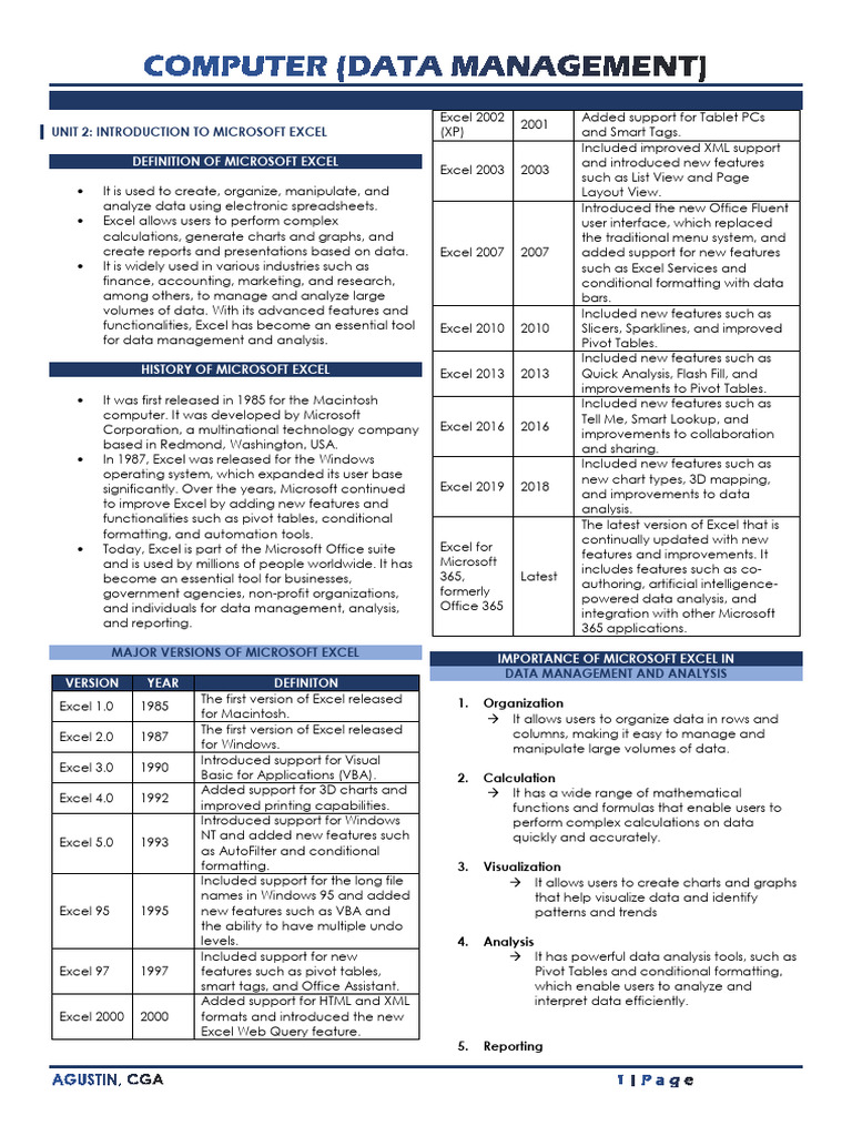 COMP UNIT 2 - Introduction To Microsoft Excel | PDF