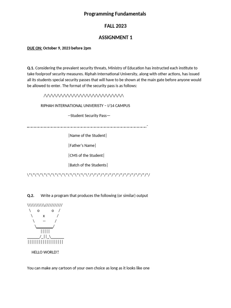 CS1134 - Programming Fundamentals - Assignment 1 - BS SE (FALL 2023) | PDF CS1134 - Programming Fundamentals - Assignment 1 - BS SE (FALL 2023) | PDF