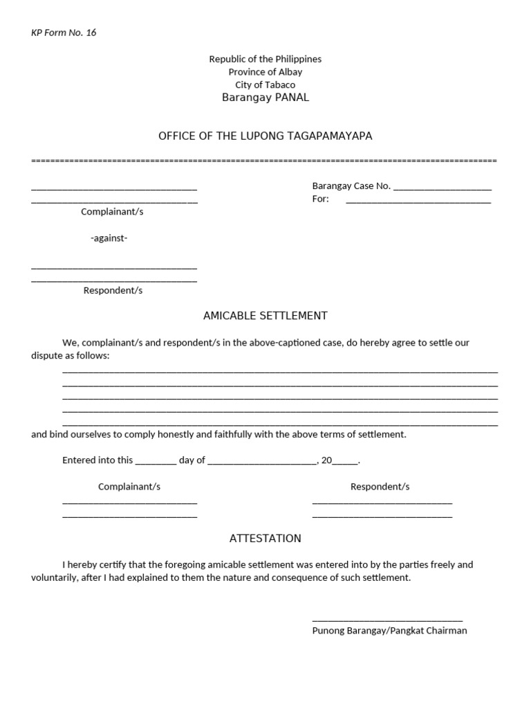 KP Form No. 16 Settlement Form | PDF