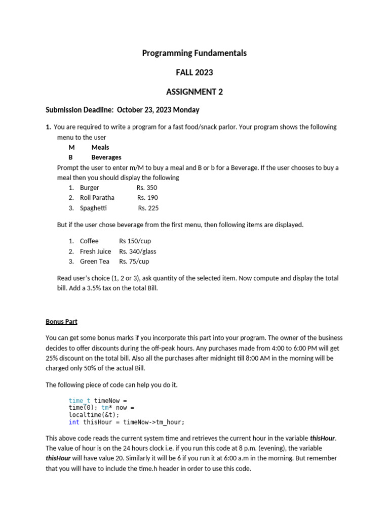 CS1134 - Programming Fundamentals - Assignment 2 - BS SE (FALL 2023) | PDF CS1134 - Programming Fundamentals - Assignment 2 - BS SE (FALL 2023) | PDF
