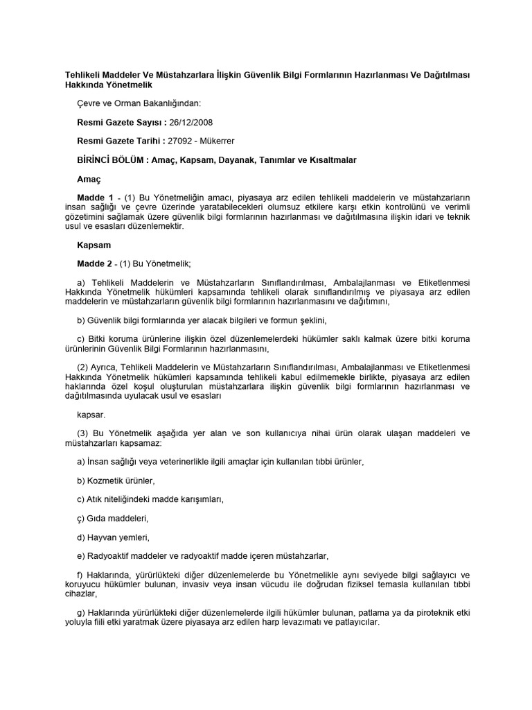 Tehlikeli Maddeler Ve Mustahzarlara Iliskin Guvenlik Bilgi Formlarinin Hazirlanmasi Ve ...