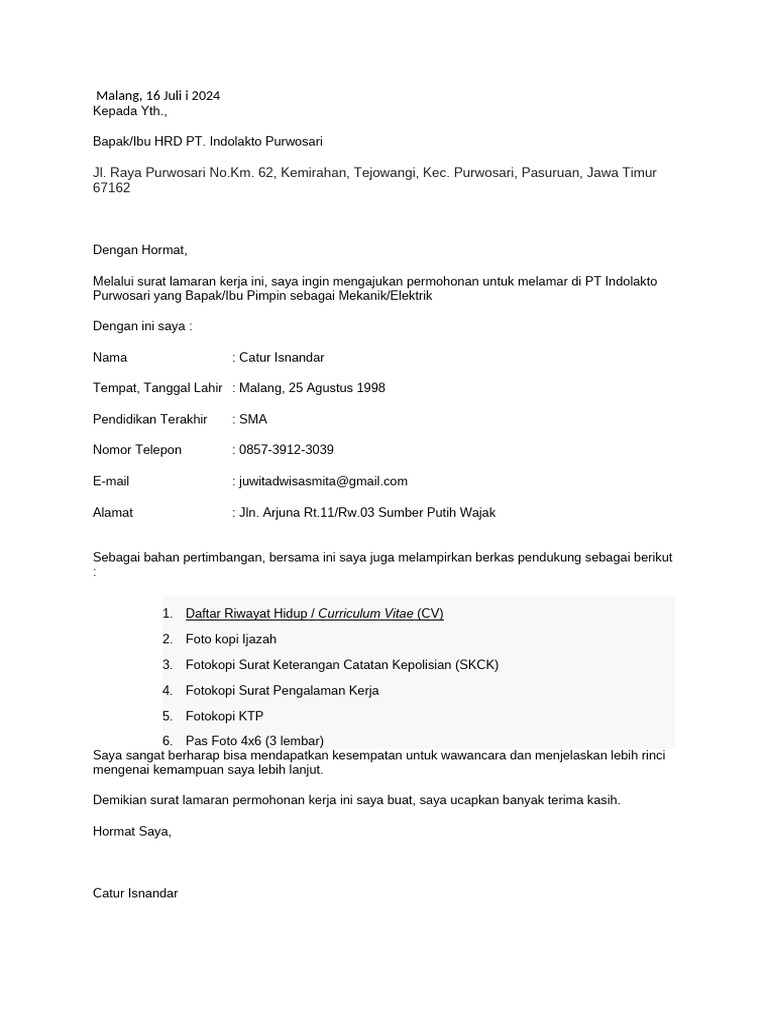 Surat Lamaran PT Indolakto | PDF