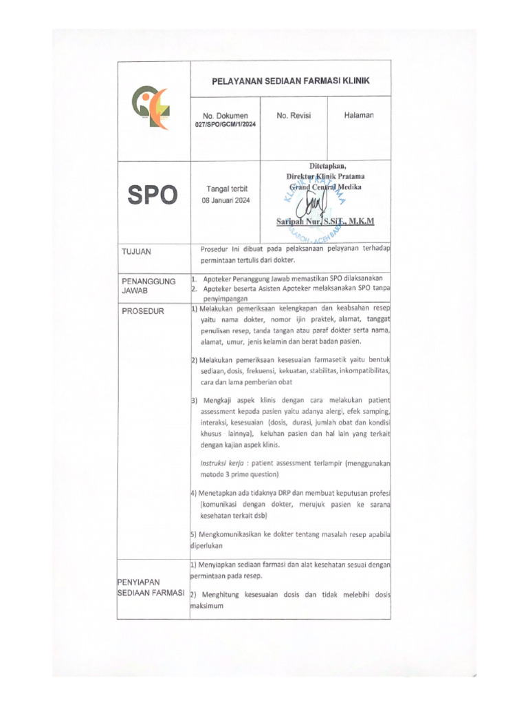 Spo Pelayanan Sediaan Farmasi Klinik | PDF