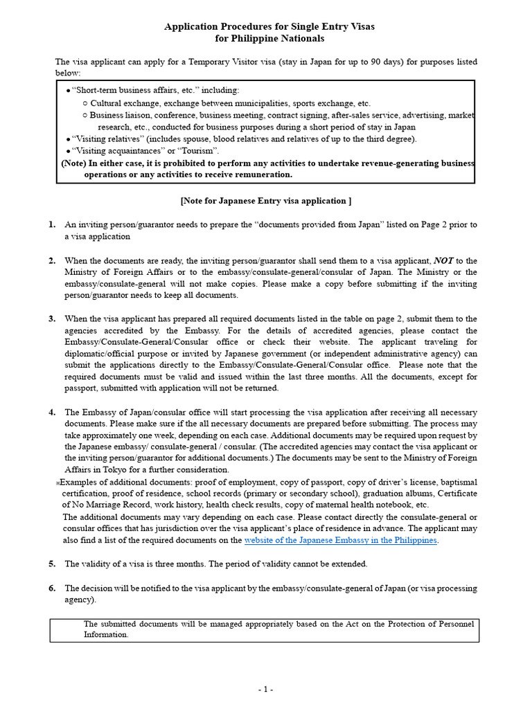 Application Procedures For Single Entry Visas For Philippine Nationals | PDF
