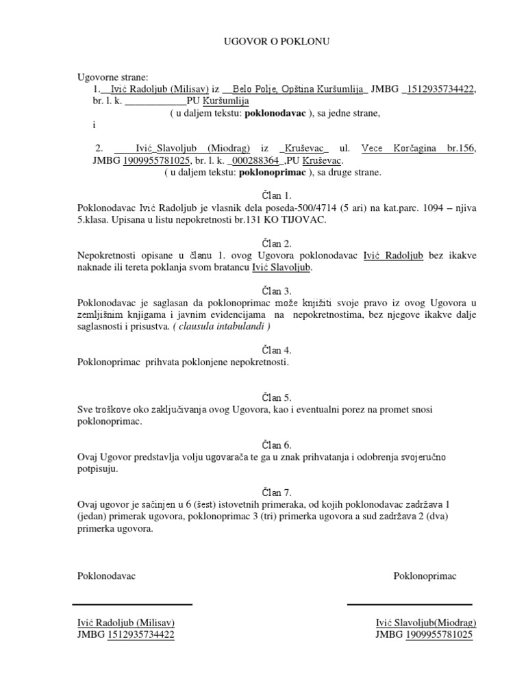 Primer Ugovora o Poklonu | PDF