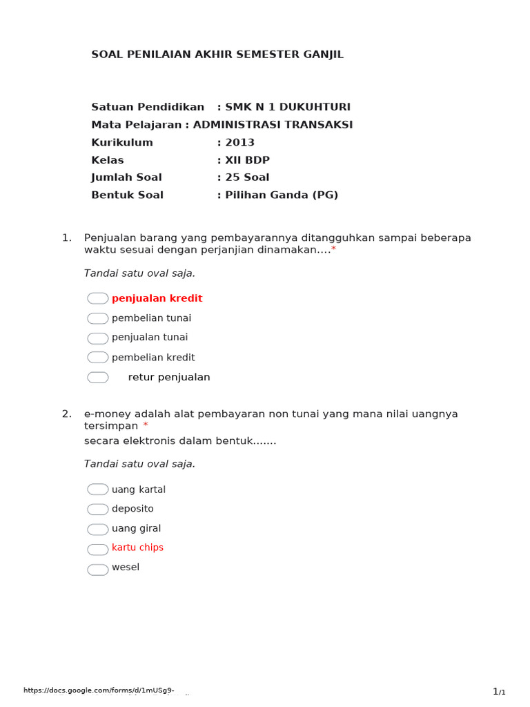 PAS ADM. TRANSAKSI XII BDP - Google Formulir | PDF
