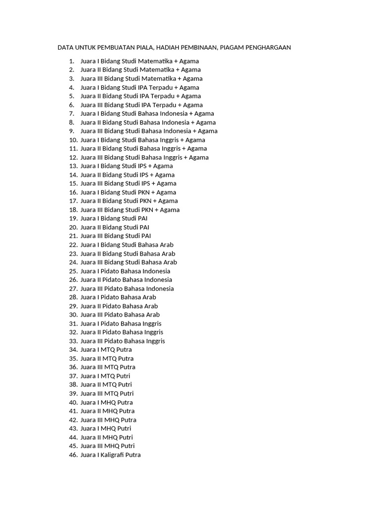 Data Untuk Pembuatan Piala | PDF