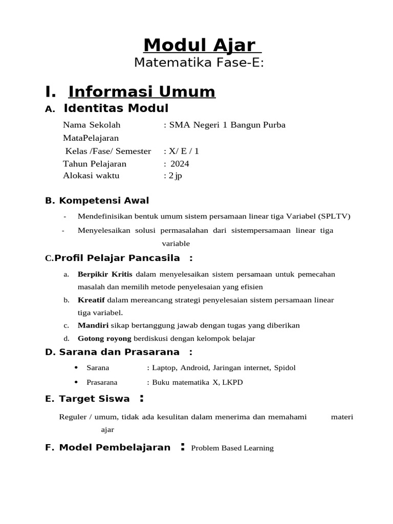 Modul Ajar Sistem Persamaan Linear Tiga Variabel (SPLTV) | PDF