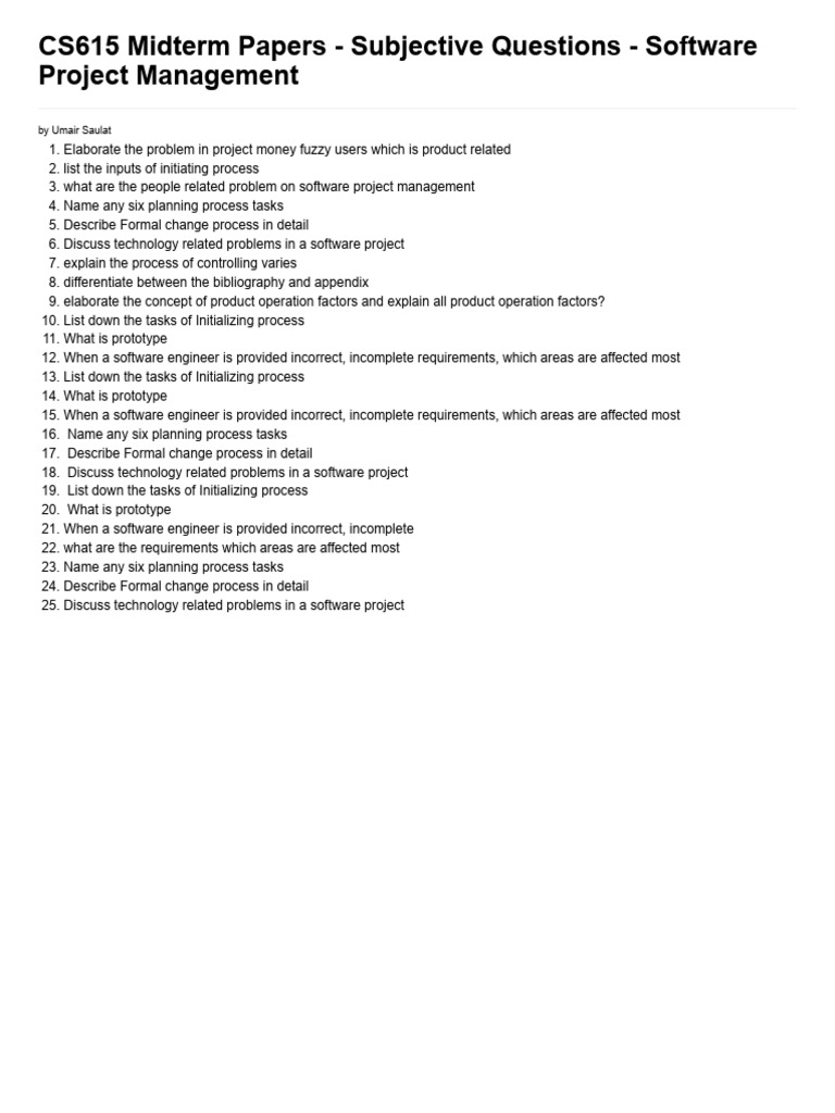CS615 Midterm Papers - Subjective Questions - Software Project Management | PDF