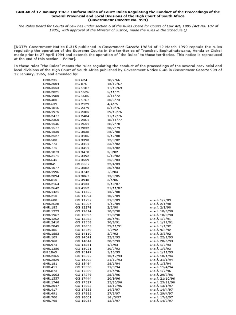 High Court Rules of South Africa | PDF | Summons | Common Law