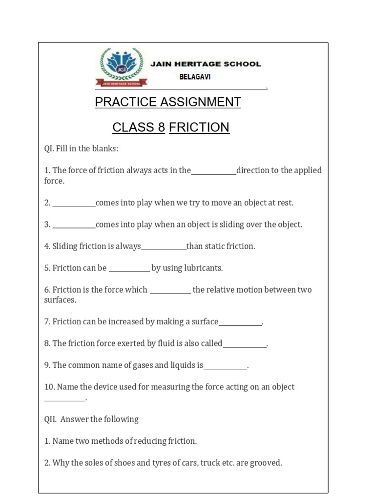 Friction Worksheet Class 8 | PDF