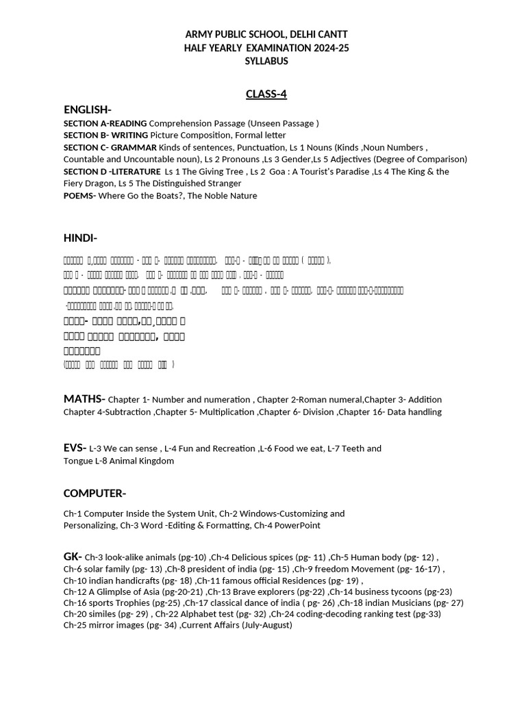 CLASS 4 Syllabus For Half Yearly Exam 2024-25 | PDF