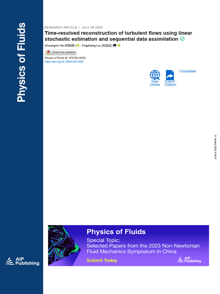 2020 Pof Time Resolved Reconstruction Of Turbulent Flows Using Linear Stochastic Estimation And