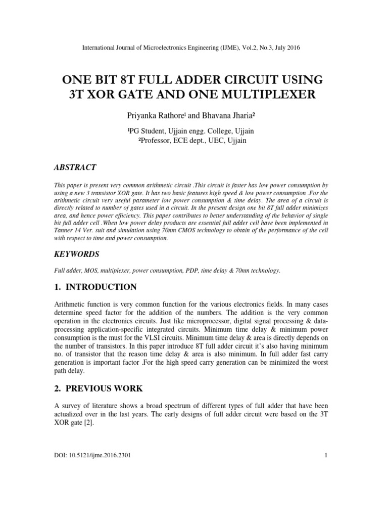 ONE BIT 8T FULL ADDER CIRCUIT USING 3T XOR GATE AND ONE MULTIPLEXER | PDF