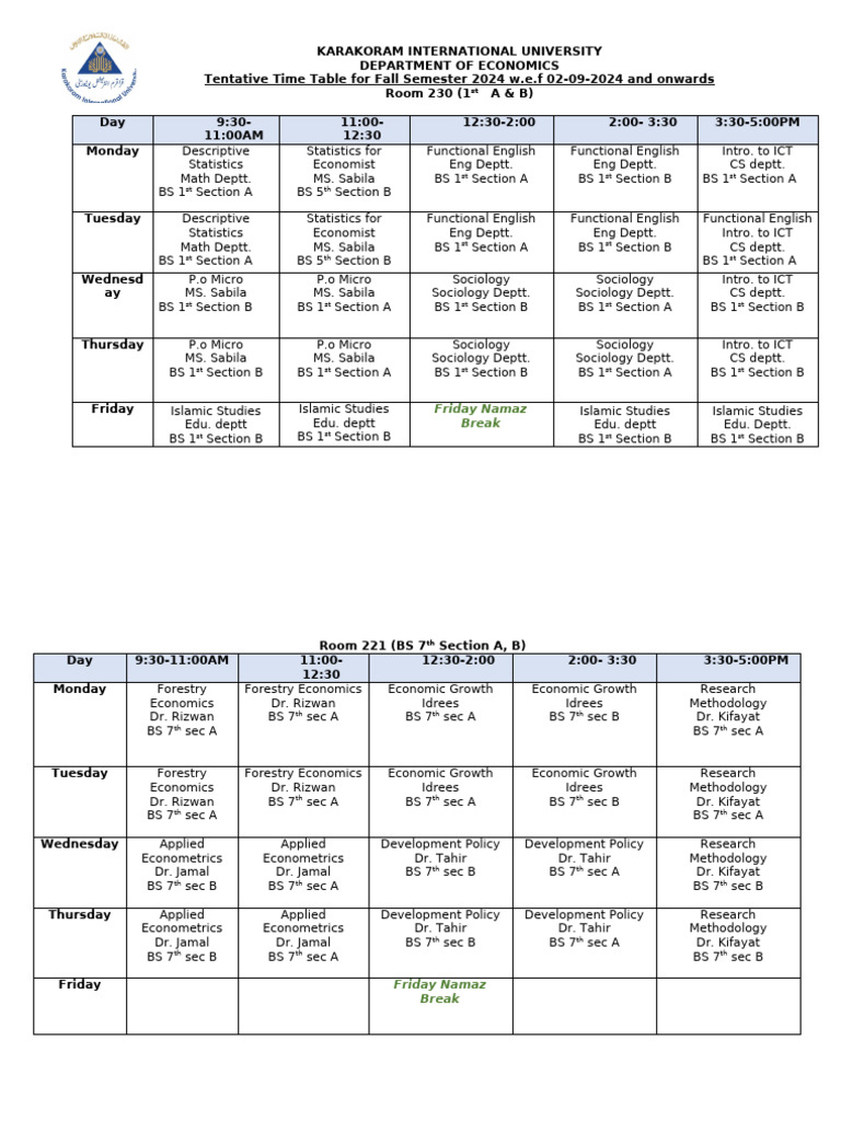 Tentative Timetable Fall 2024 | PDF