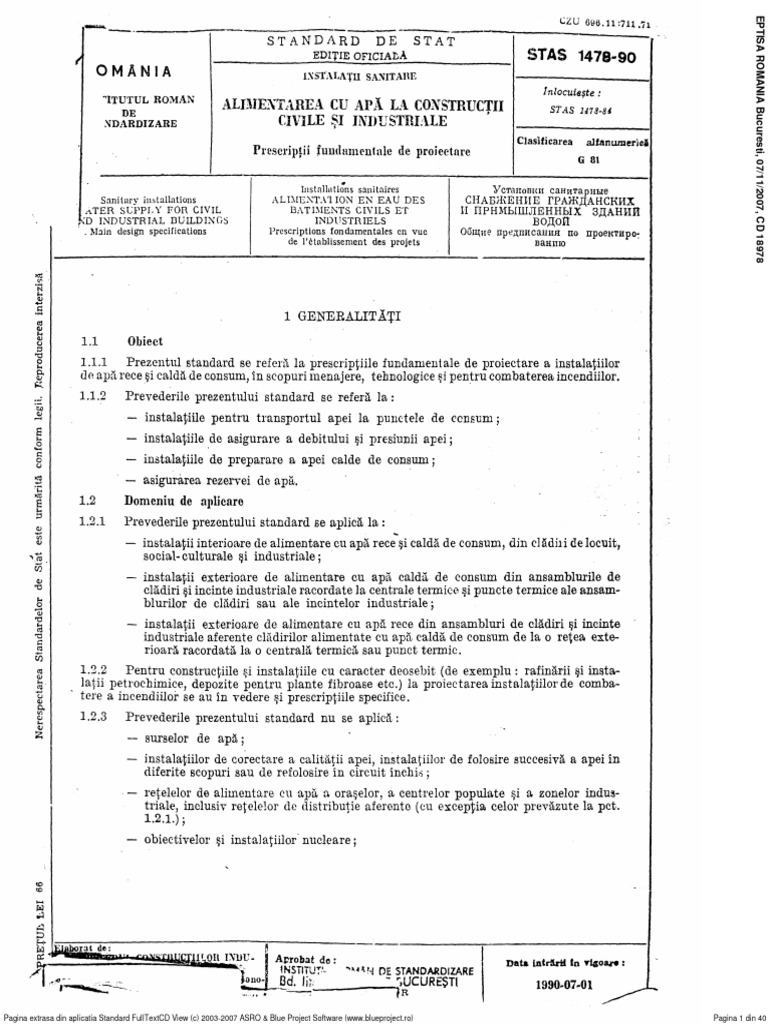 STAS 1478-90 - Alimentarea Cu Apa La Constructii Civile Si Industriale - Prescriptii ...