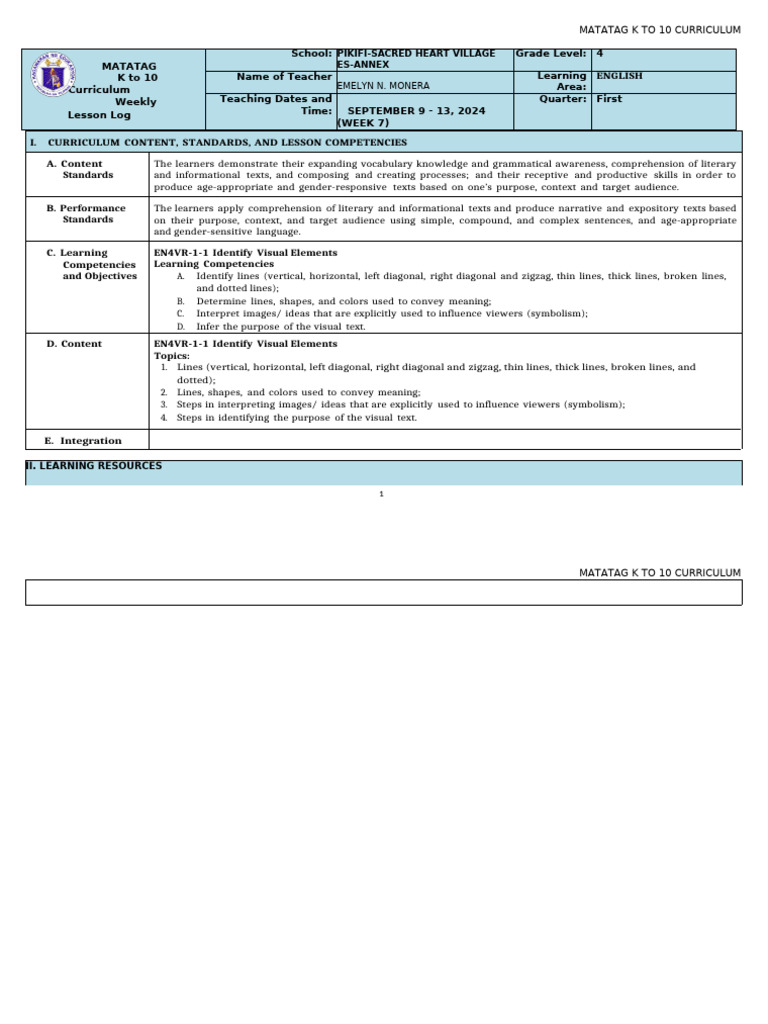 DLL Matatag - English 4 Q1 W7 | PDF