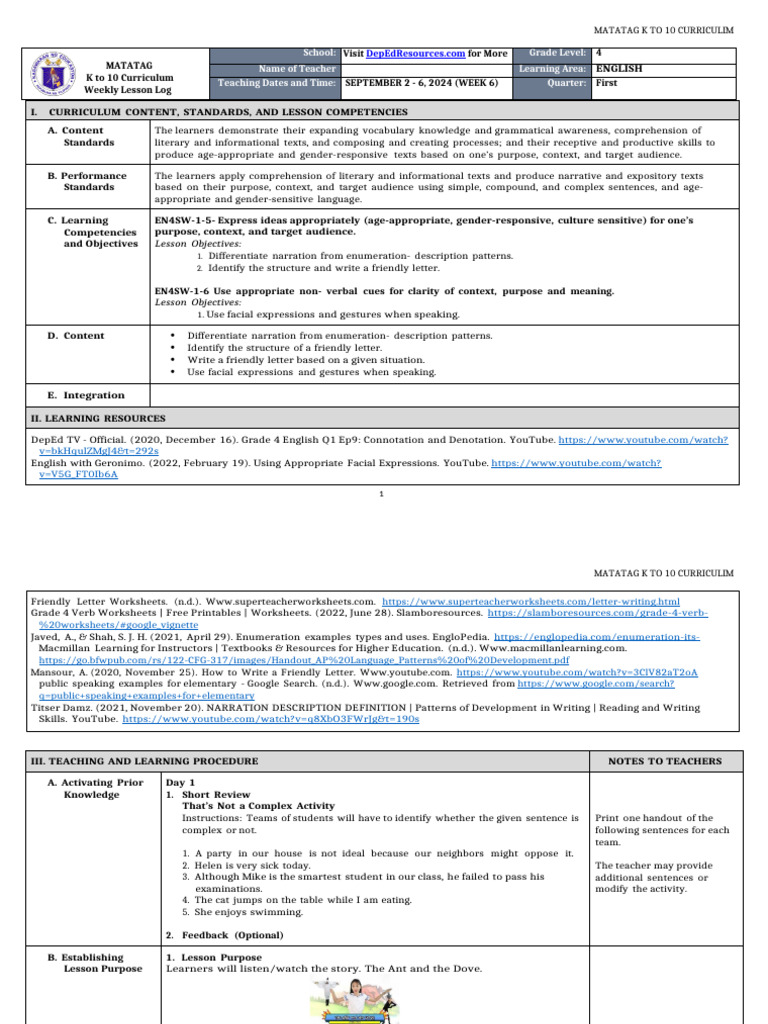 DLL Matatag - English 4 Q1 W6 | PDF