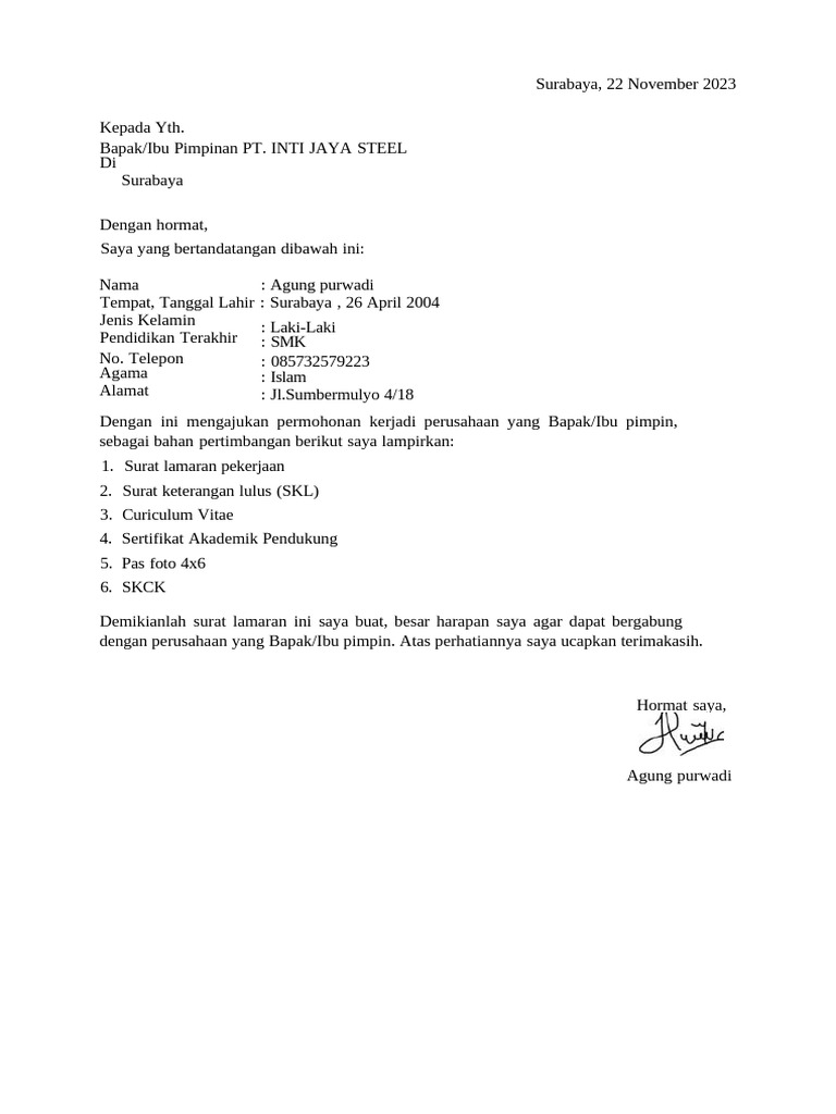 Lamaran PT - Inti Jaya Steel | PDF