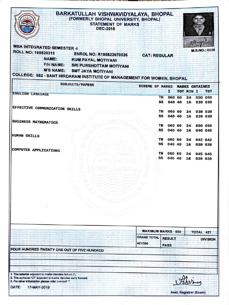 Payal Motiyani MBA Integrated Markesheets-Compressed | PDF