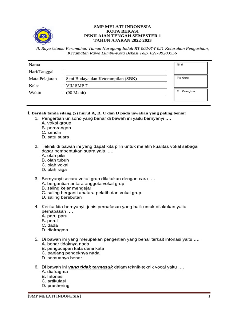 Soal Pts SBK Dan Prakarya 7 II 2023-2024 | PDF