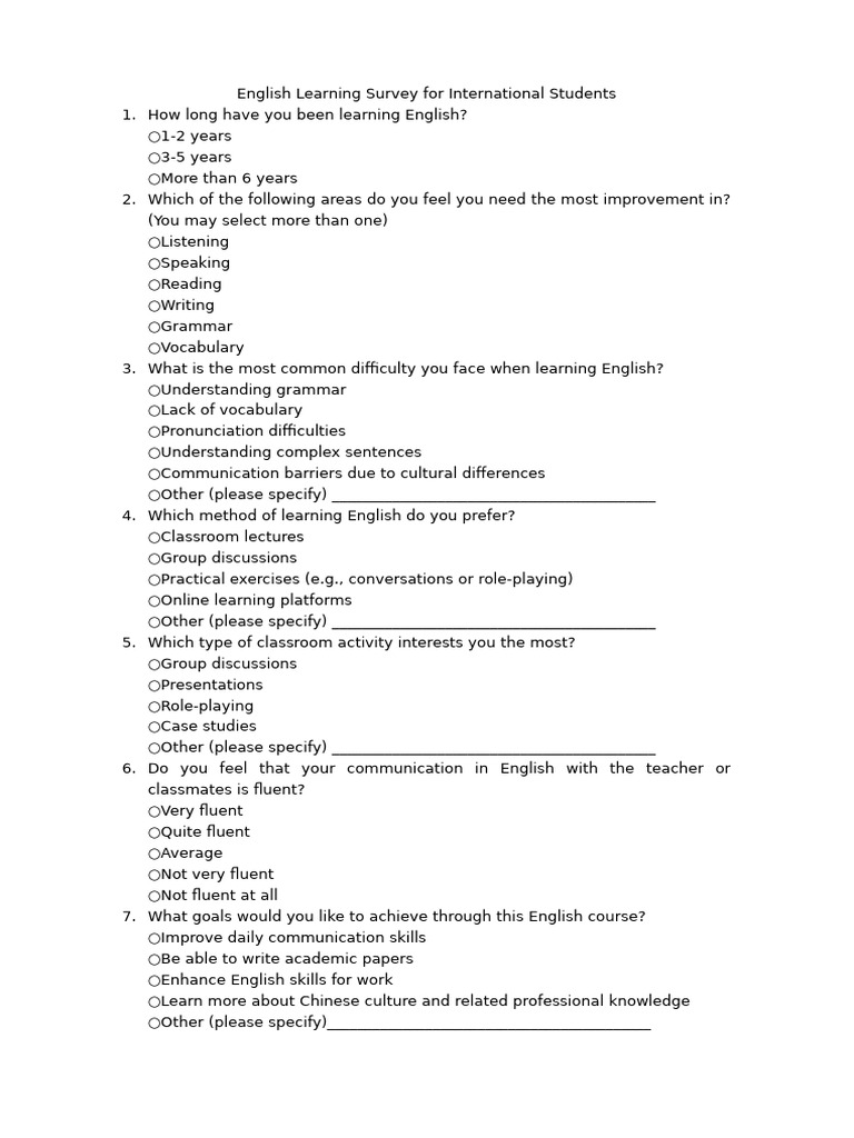 English Learning Survey For International Students | PDF | Career & Growth