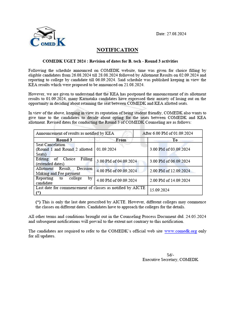 Notification Reg Revision of Dates For Round 3 Counseling Notified On ...