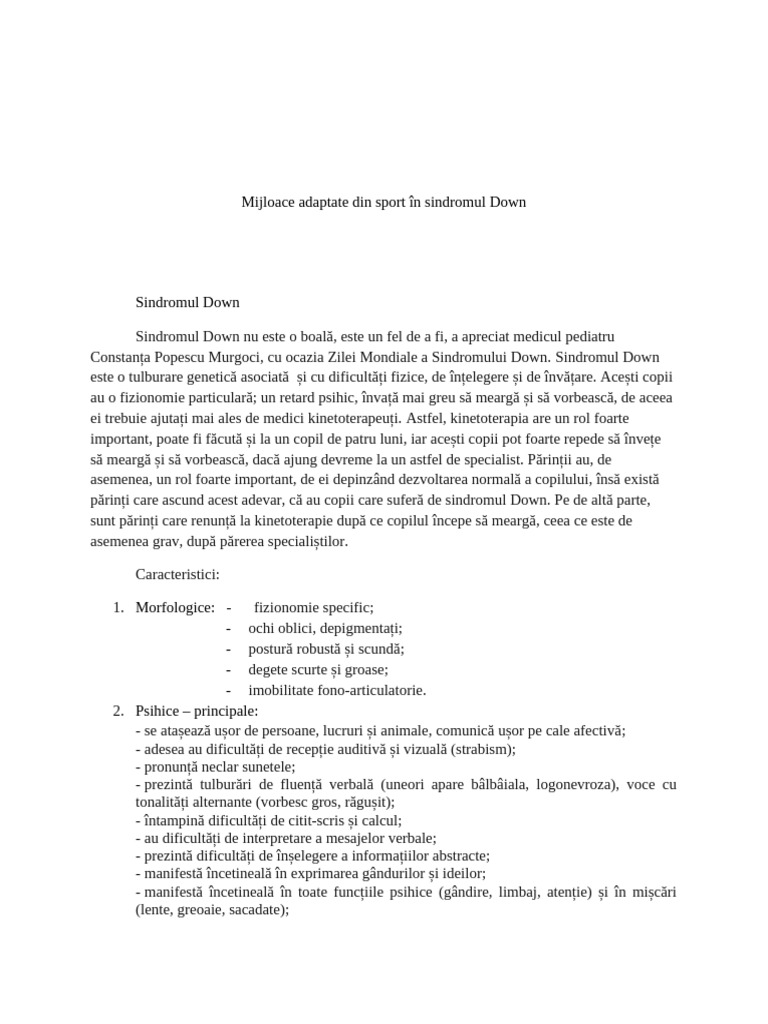 Mijloace Adaptate Din Sport - Sindromul Down | PDF
