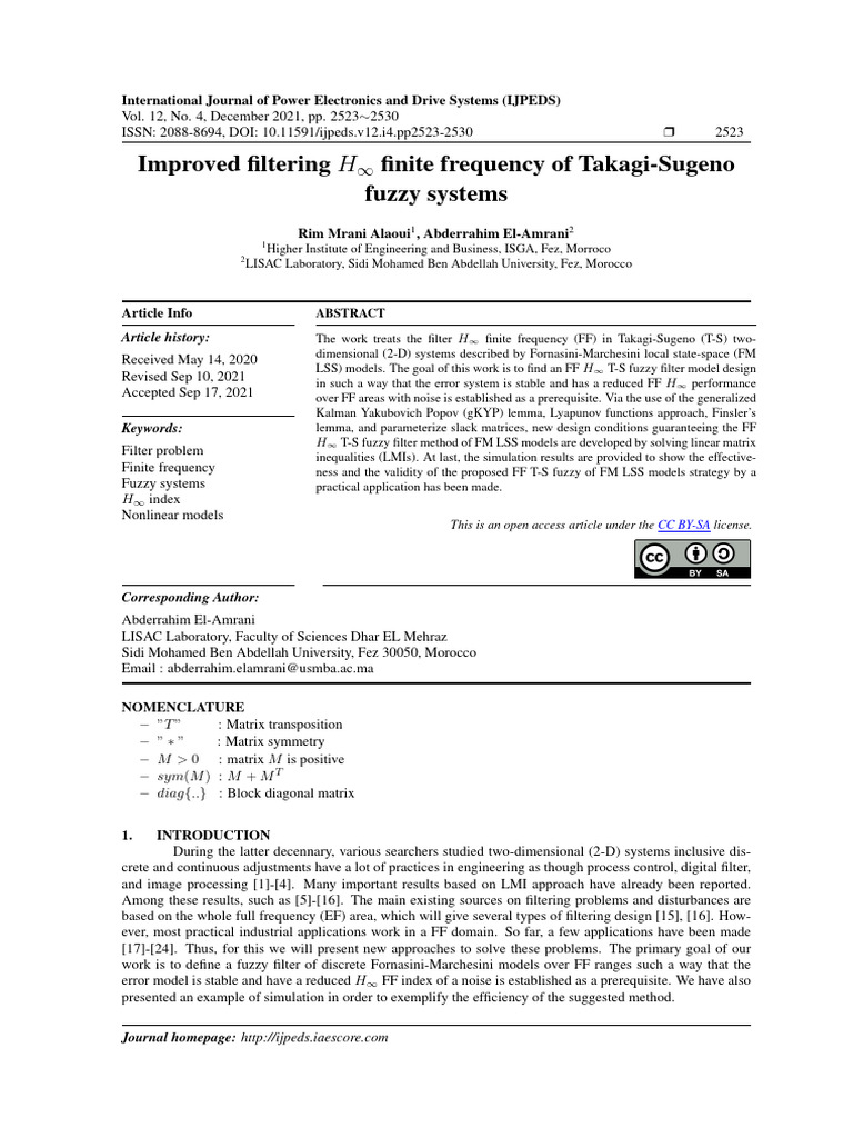 Improved Filtering H Finite Frequency Of Takagi Sugeno Fuzzy Systems