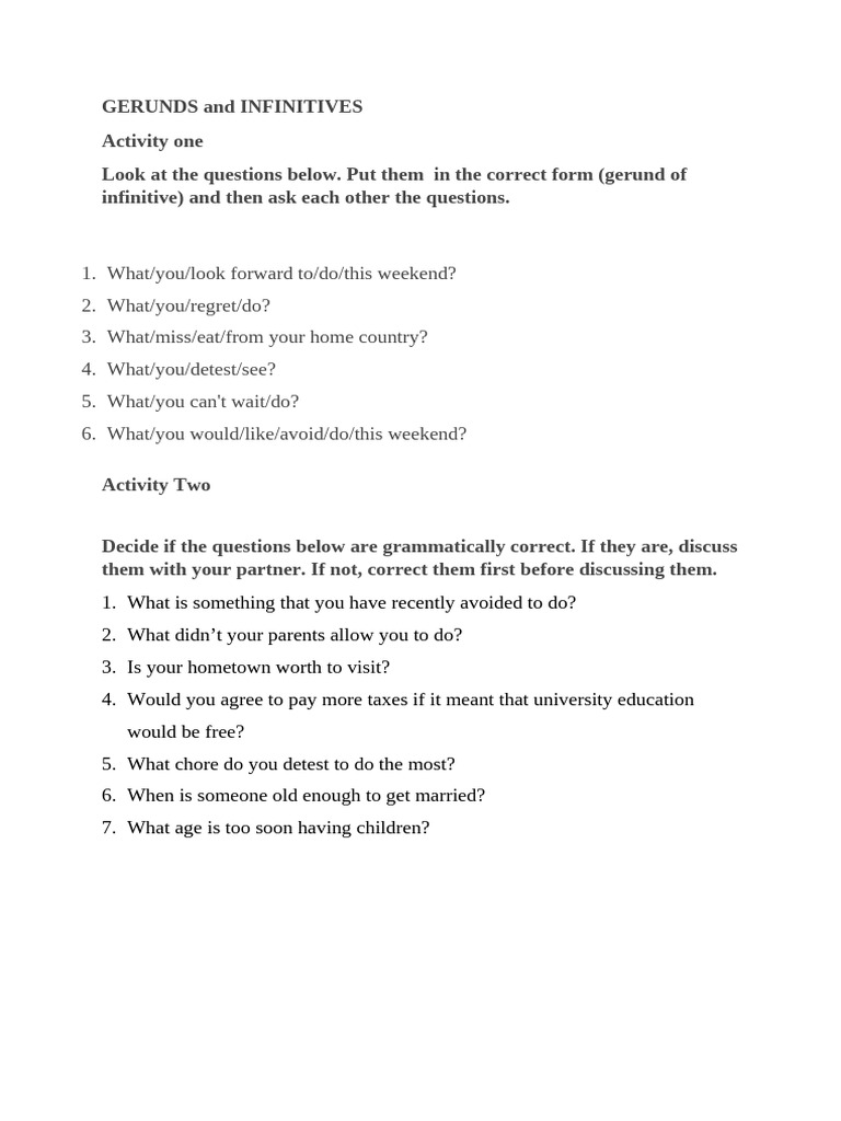 Runds and Infinitives Activity | PDF