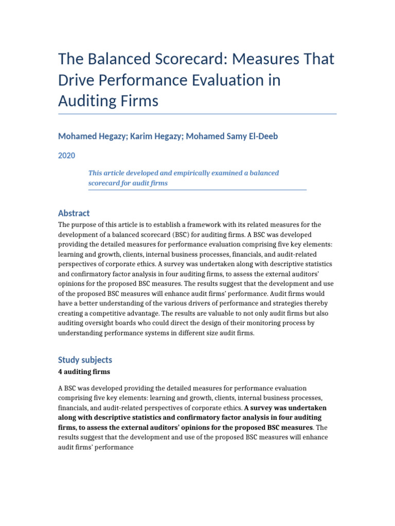 The Balanced Scorecard Measures That Drive Performance Evaluation in Auditing Firms | PDF