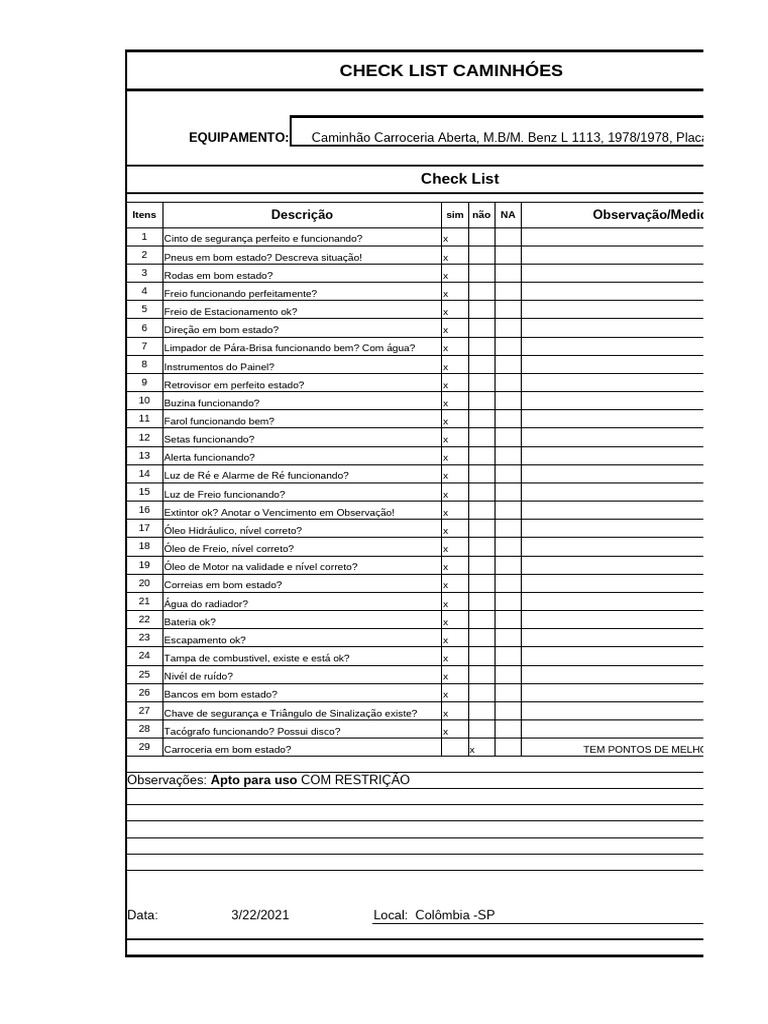 CHECK LIST CAMINHÃO | PDF