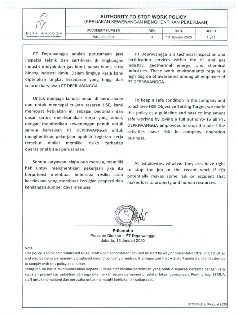 700-P-001 Rev.3 STOP WORK AUTHORITY POLICY 2020 | PDF