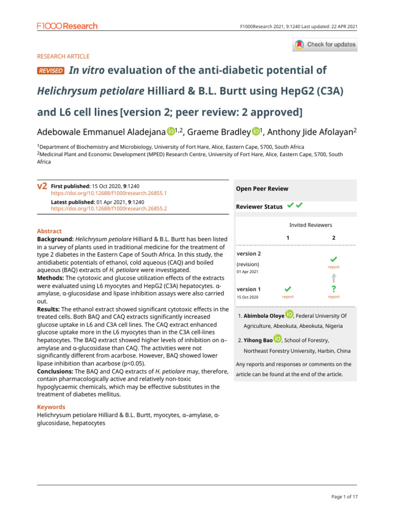 In Vitro Evaluation of The Anti-Diabetic Potential of Helichrysum Petiolare Hilliard & B.L ...