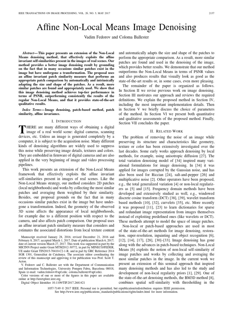 Affine Non-Local Means Image Denoising: Vadim Fedorov and Coloma Ballester | PDF