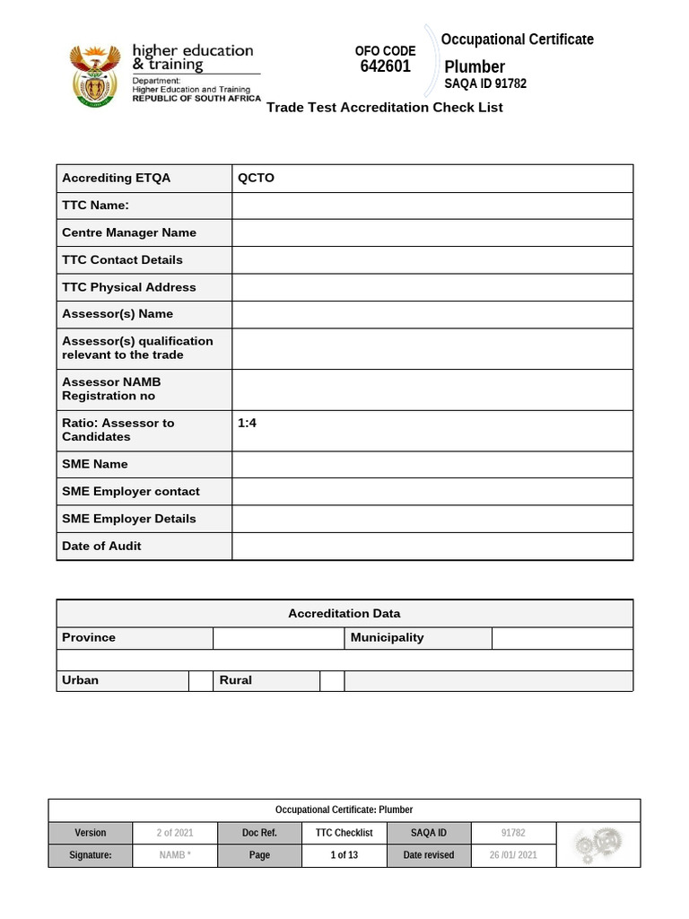 Plumber Occupational TTC Checklist V1 | PDF