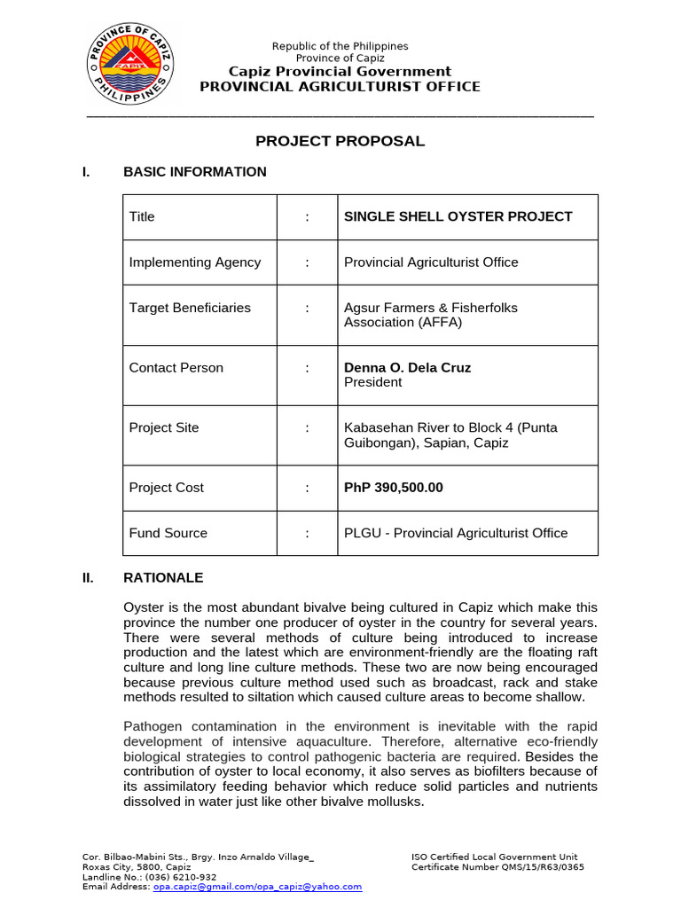 Single Shell Oyster Project - Proposal | PDF