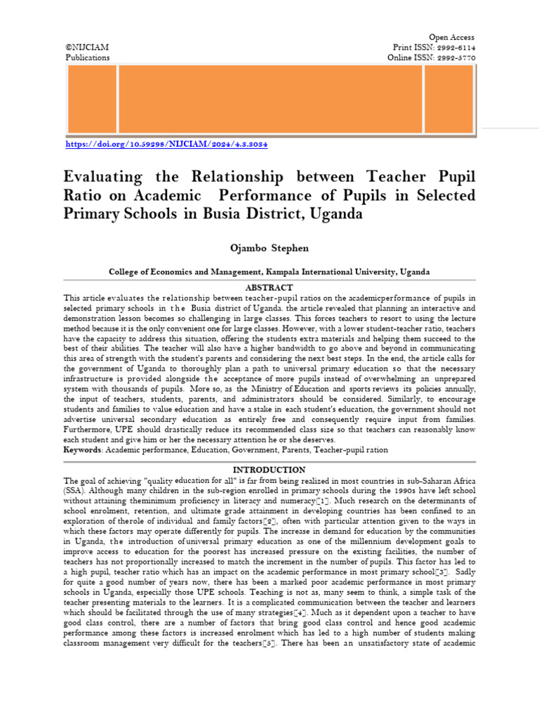 Evaluating The Relationship Between Teacher Pupil Ratio On Academic Performance of Pupils in ...