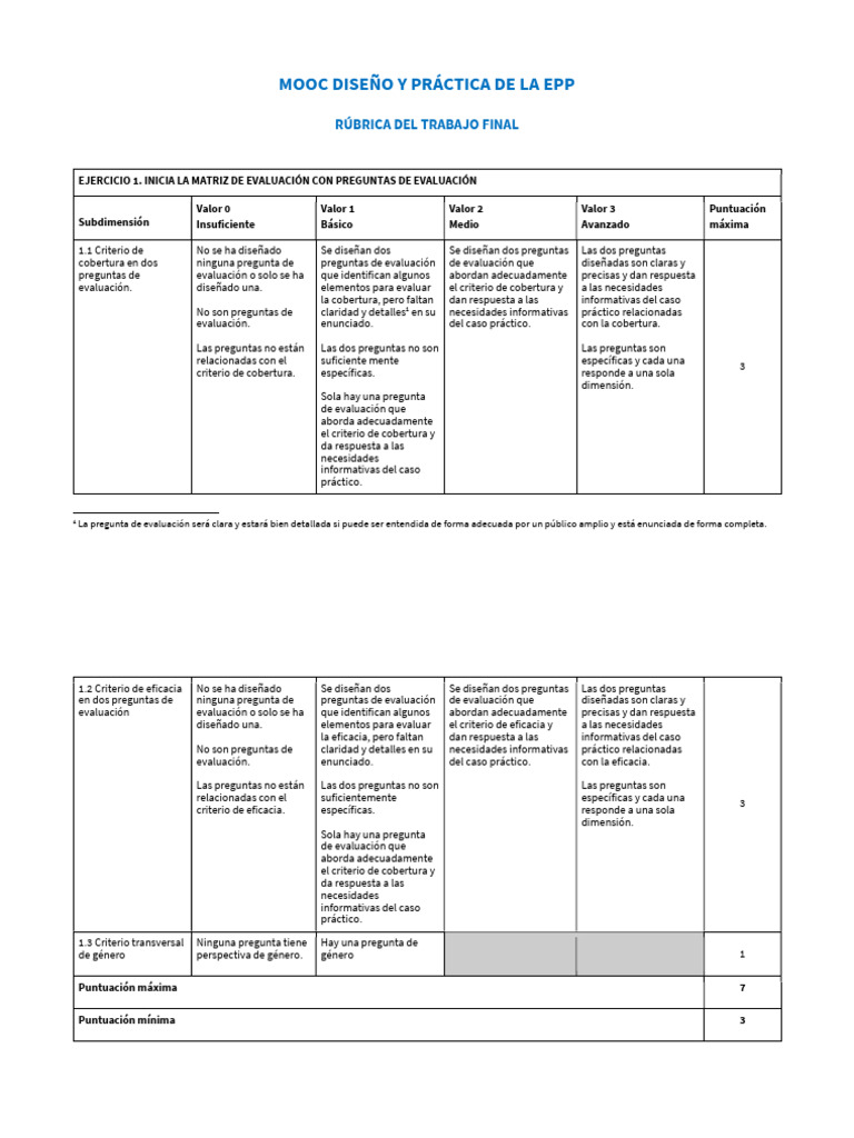 Rúbrica Trabajo Final Mooc Diseño y Práctica Epp | PDF