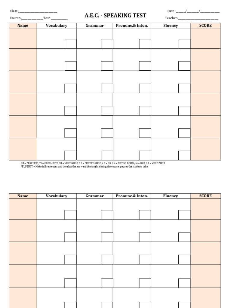 SPEAKING TEST marking sheet (1) | PDF