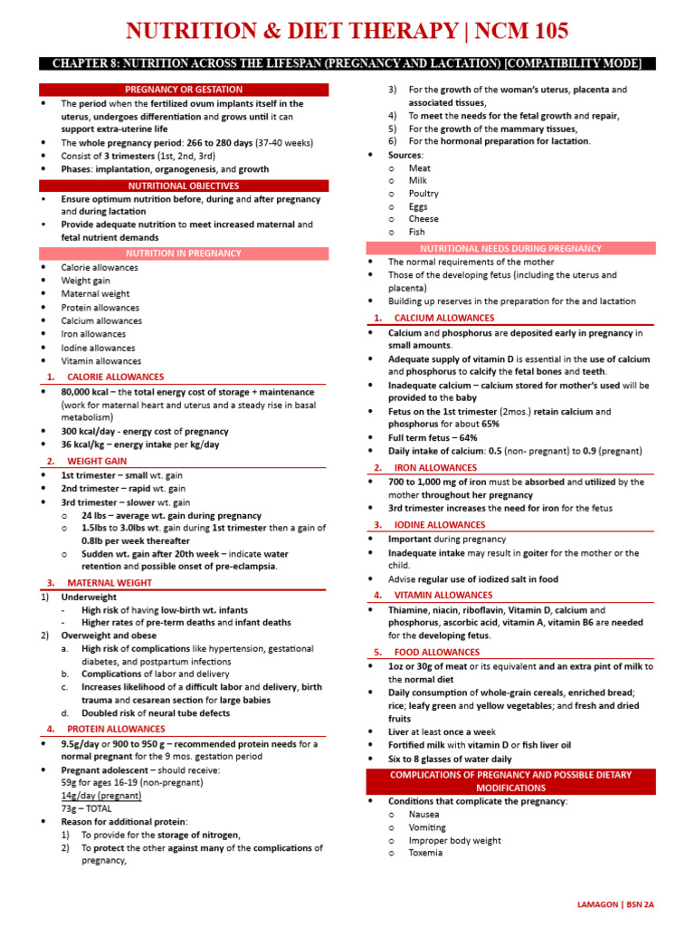 Chapter 8 - Nutrition Across The Lifespan (Pregnancy and Lactation ...