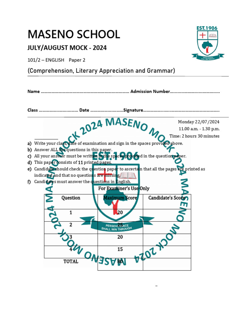 English Paper 2 Mock 2024 | PDF