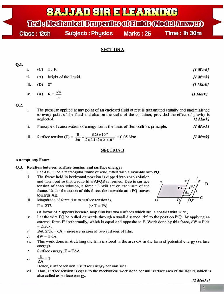 Model Answer Test 2 Mechanical Properties of Fluids | PDF