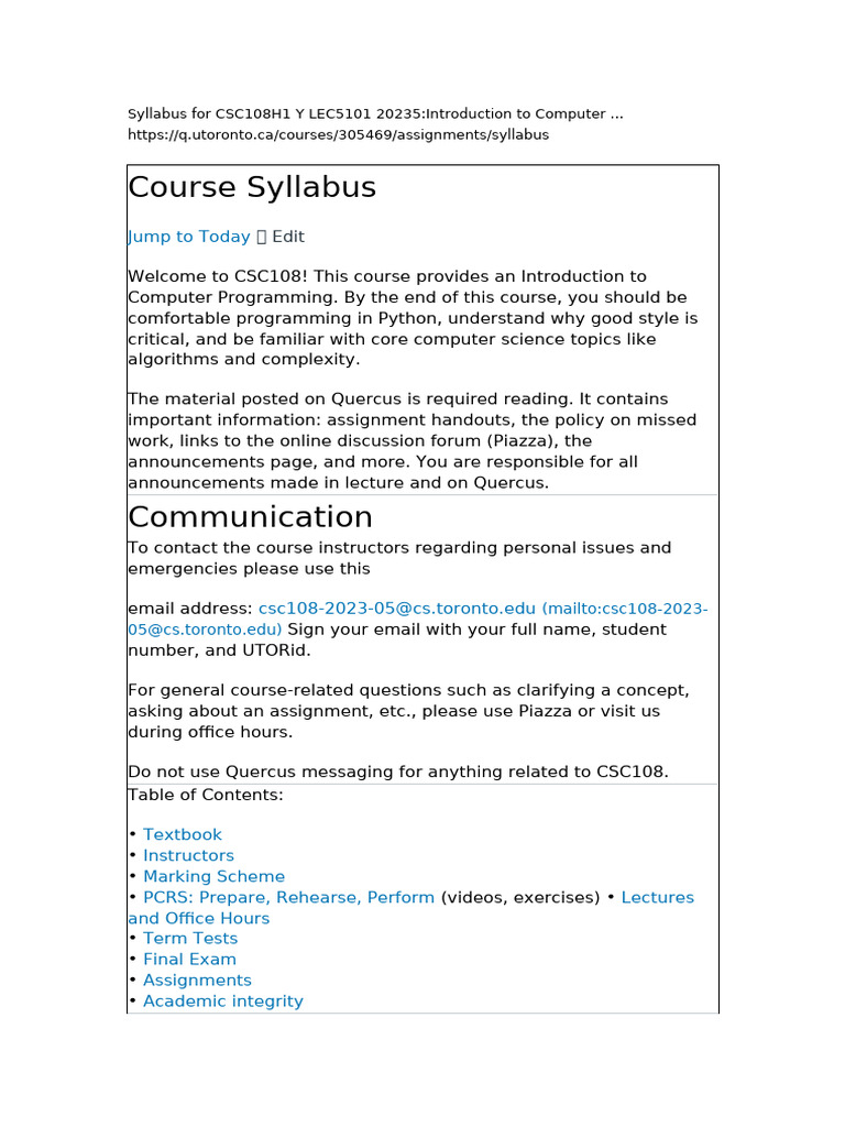 Syllabus For CSC108H1 Y LEC5101 20235 | PDF | Lecture | Academic Integrity
