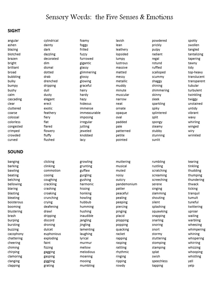 Sensory Word List See Hear Taste Smell Touch Emotion | PDF ...