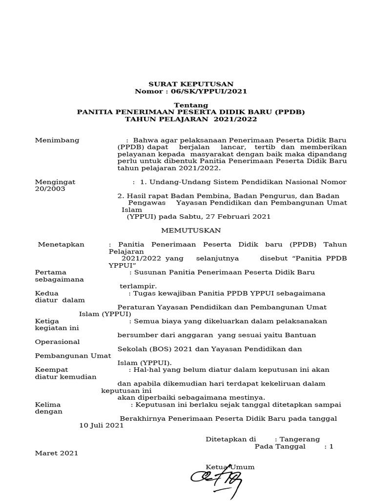 SK PPDB Yppui 2021 | PDF