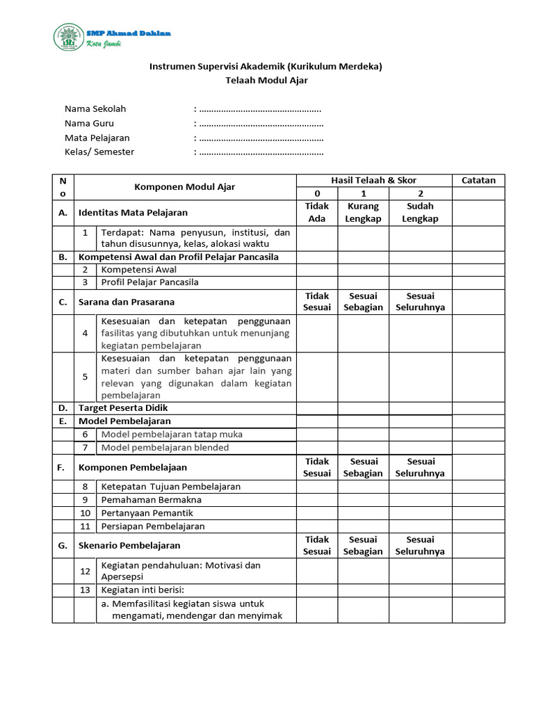Instrumen Supervisi Penelaahan Modul Ajar | PDF