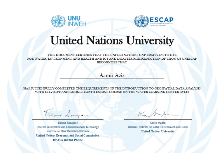 Aamir Aziz - UNU-INWEH INWEH-20 Certificate - Water Learning Centre | PDF