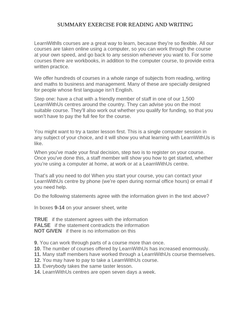 SUMMARY EXERCISE FOR READING AND WRITING | PDF