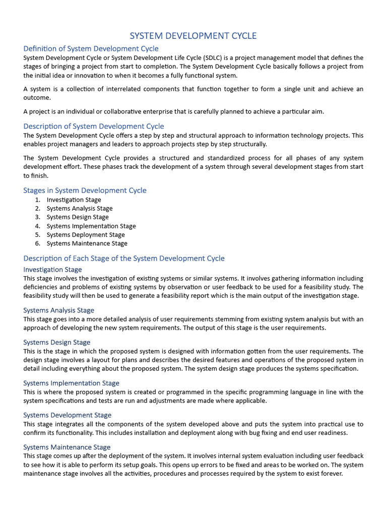 ICT SS2 3rd Term Note Week 1 System Development Cycle | PDF